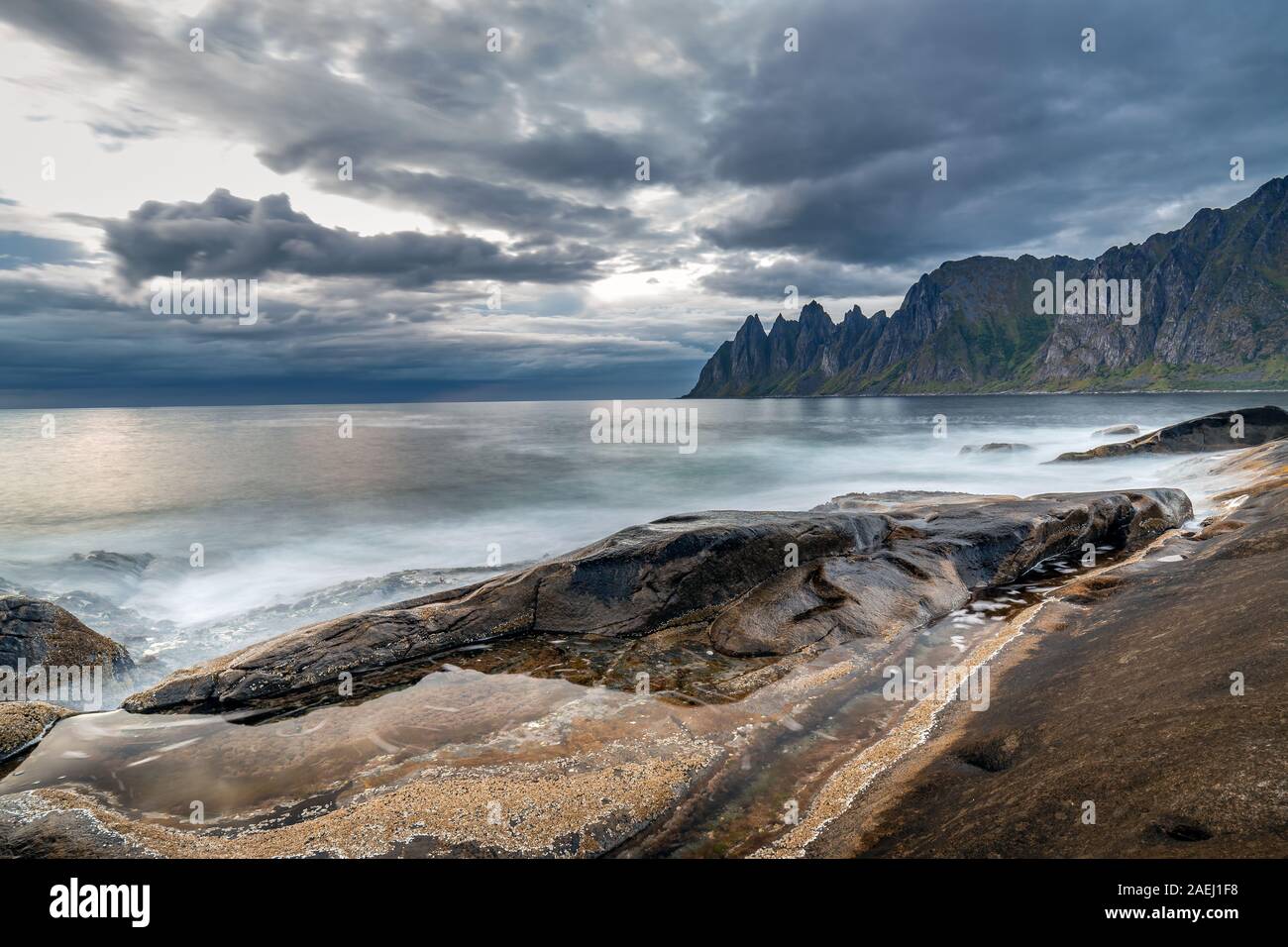Coast at Tungeneset,view over famous Devil's teeth peaks rock formation ...
