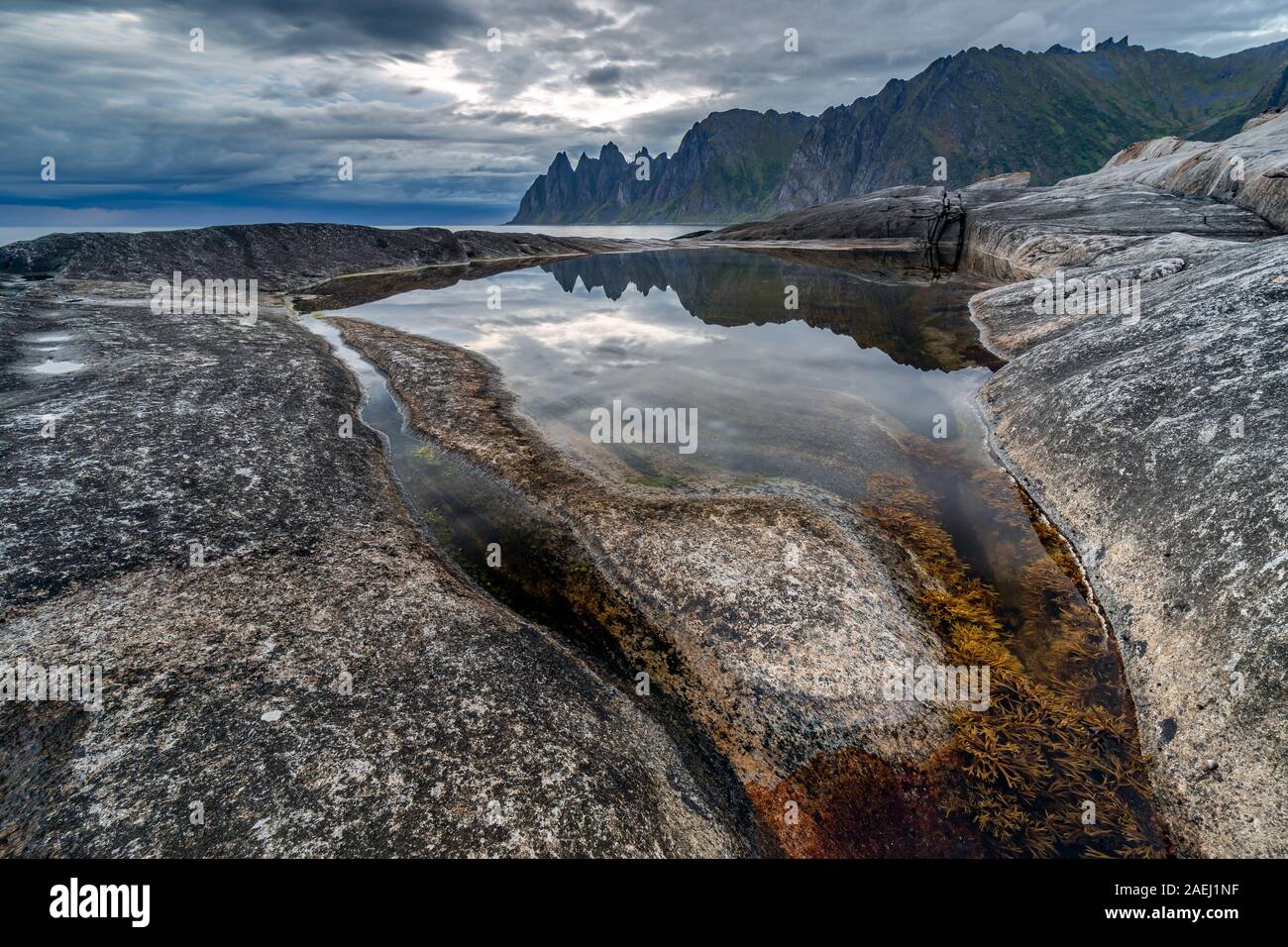 Coast at Tungeneset,view over famous Devil's teeth peaks rock formation ...