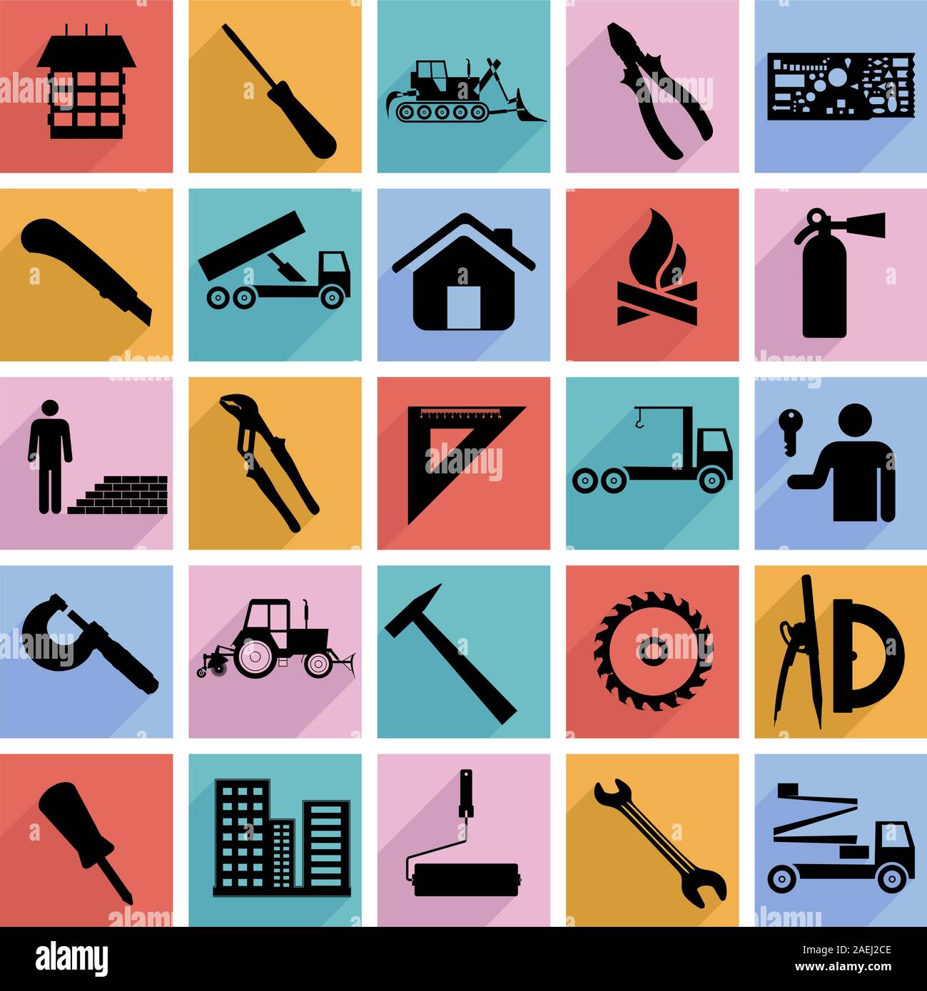 Collection flat icons with long shadow. Construction symbols. Vector ...