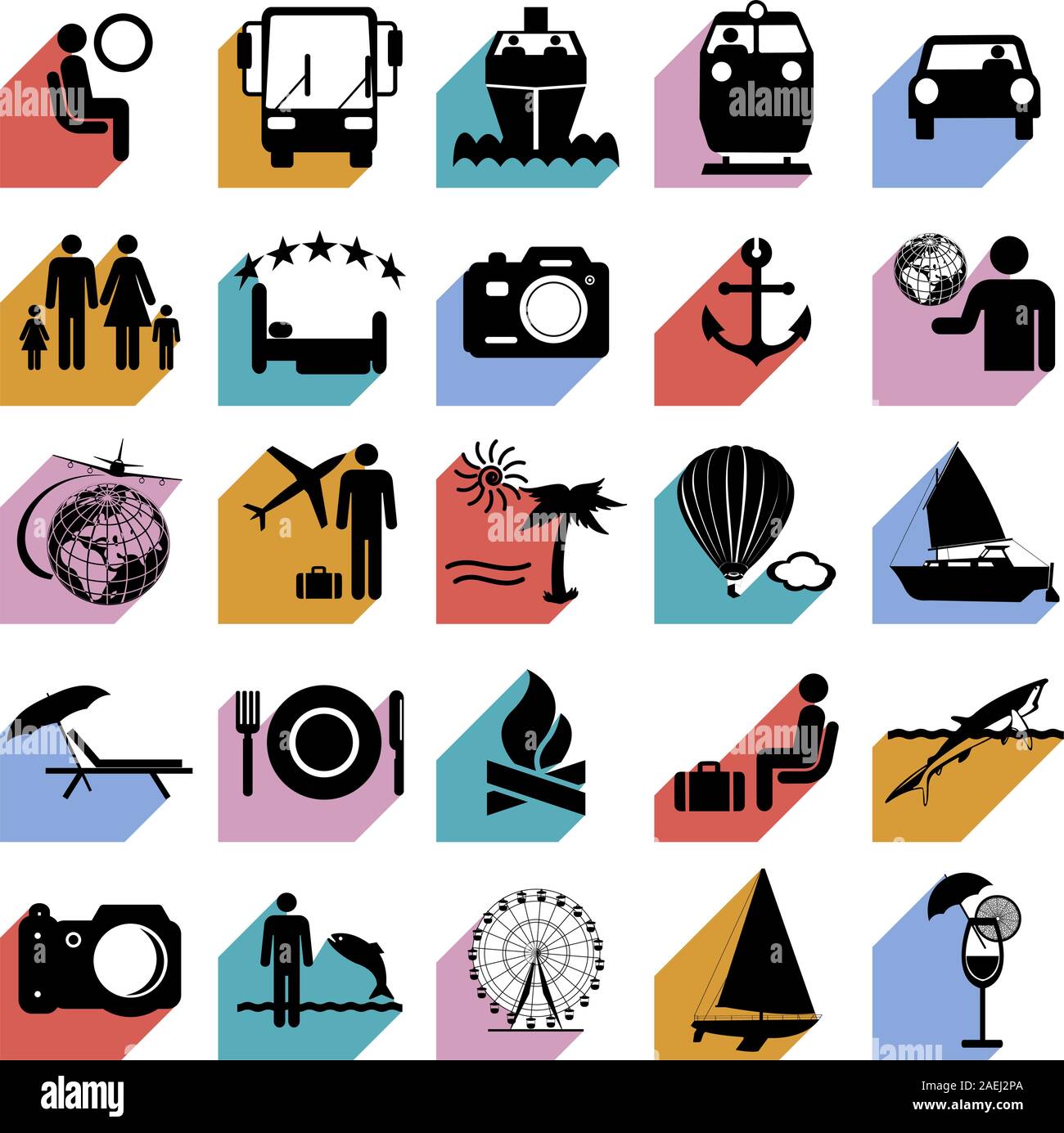 Collection flat icons with long shadow. Travel symbols. Vector ...