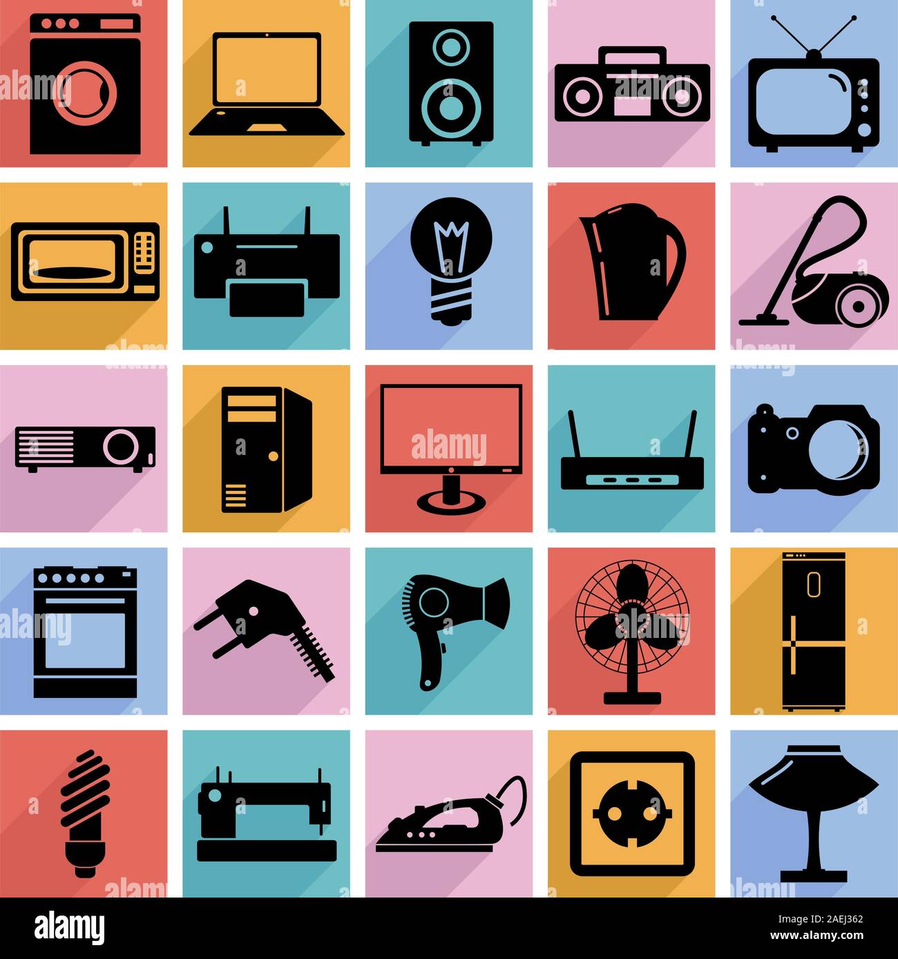 Collection flat icons with long shadow. Electrical devices symbols ...