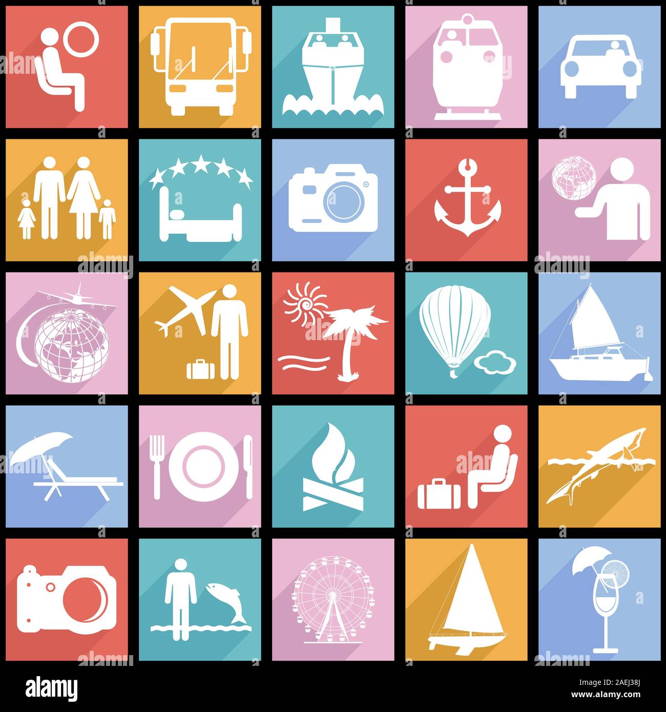 Collection flat icons with long shadow. Travel symbols. Vector ...
