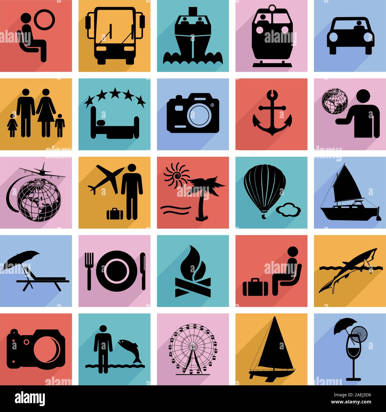 Collection flat icons with long shadow. Travel symbols. Vector ...