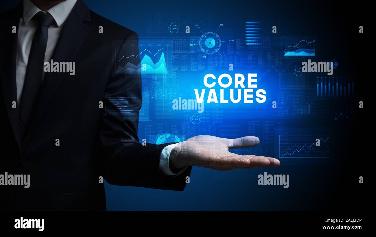 Hand of Businessman holding CORE VALUES inscription, business success ...