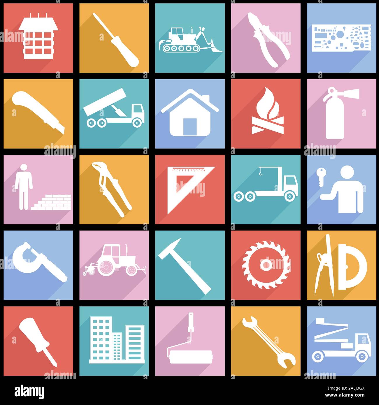 Collection flat icons with long shadow. Construction symbols. Vector ...