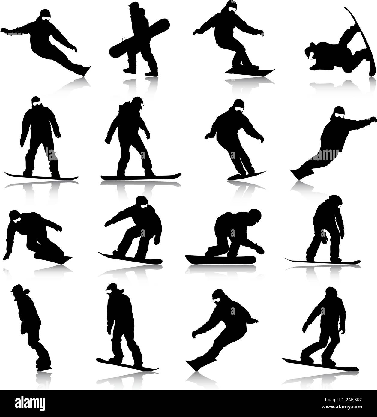 Black silhouettes set snowboarders on white background. Vector ...