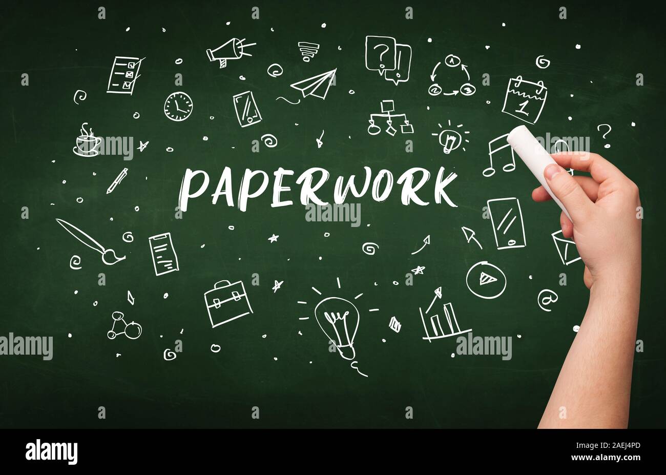 Hand drawing PAPERWORK inscription with white chalk on blackboard ...