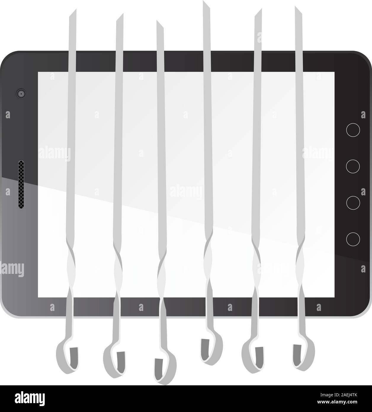 Tablet PC computer with a barbeque and skewers isolated on white ...