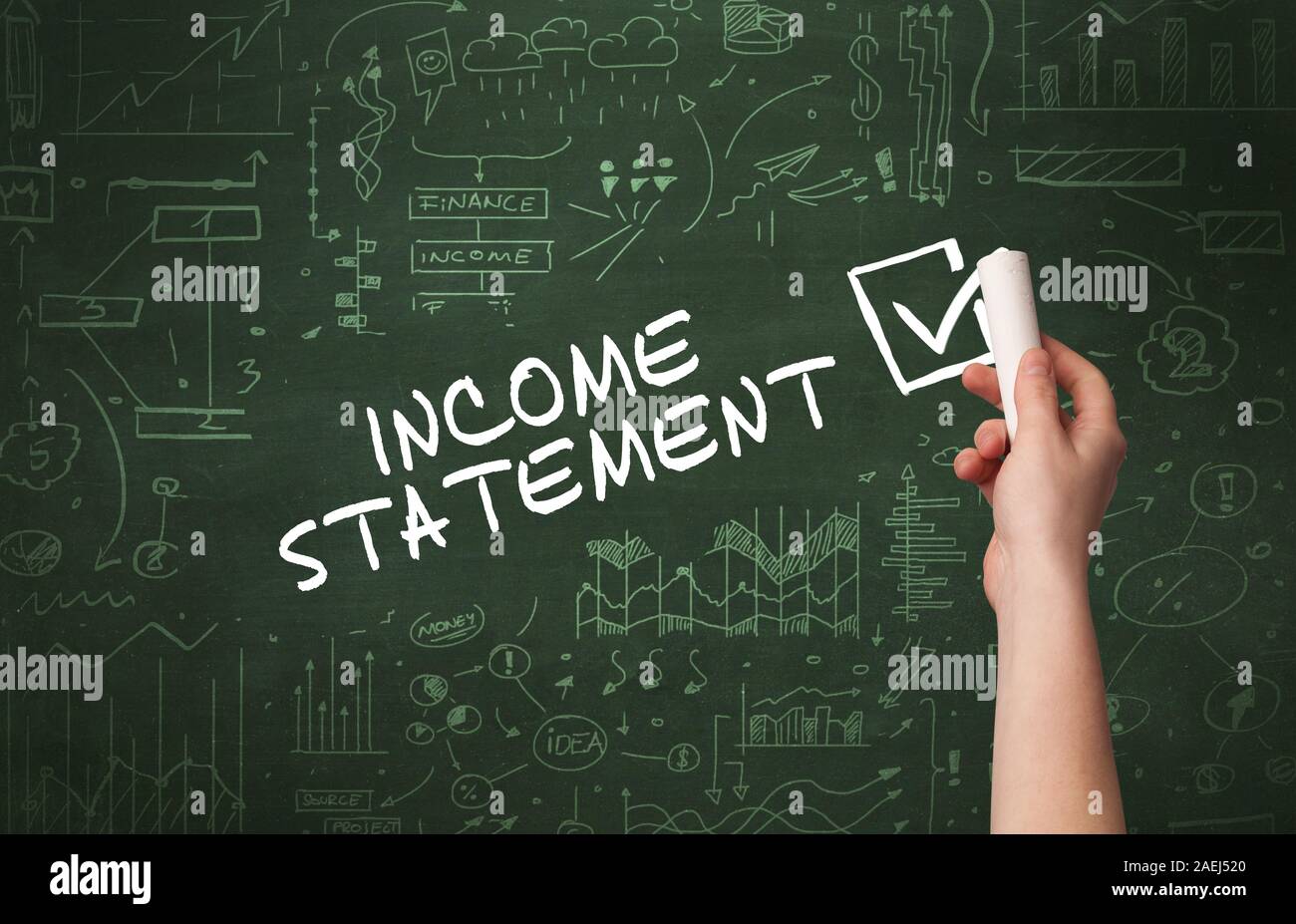 Hand drawing INCOME STATEMENT inscription with white chalk on ...