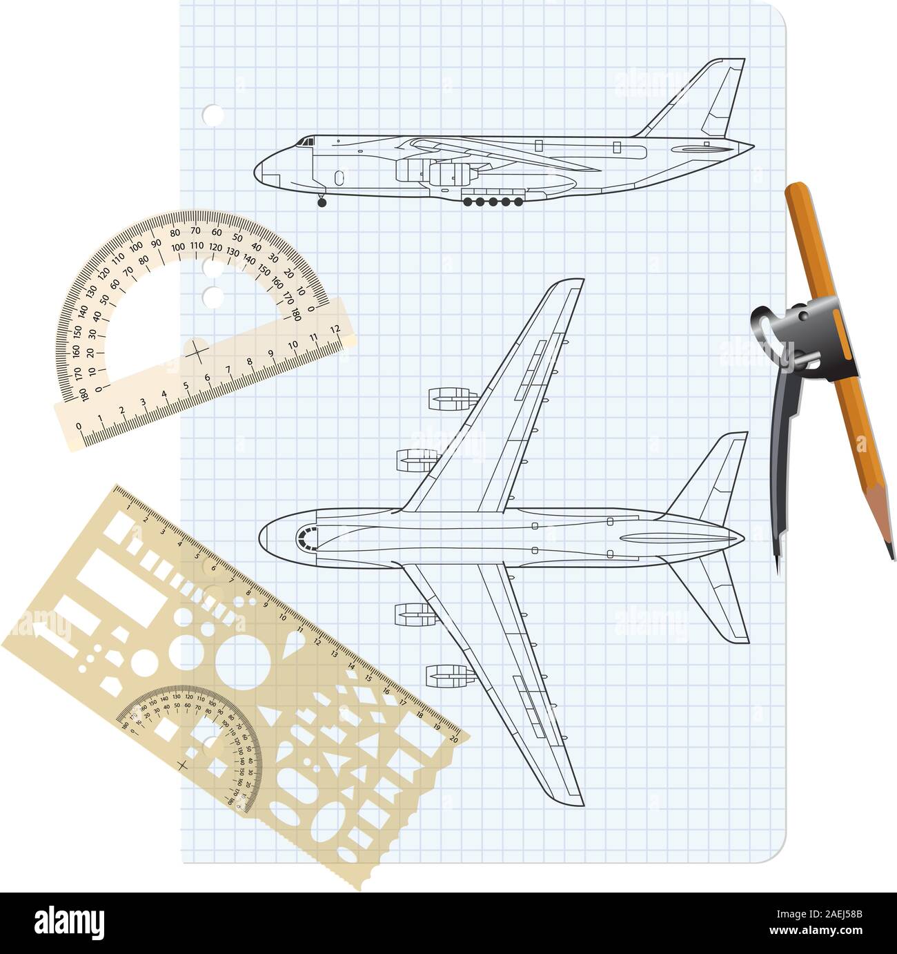exercise book with a drawing for a model airplane with a protractor and ...