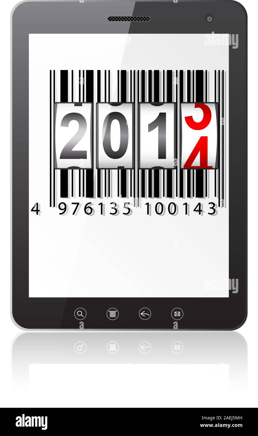 Tablet PC computer with 2014 New Year counter, barcode isolated on ...