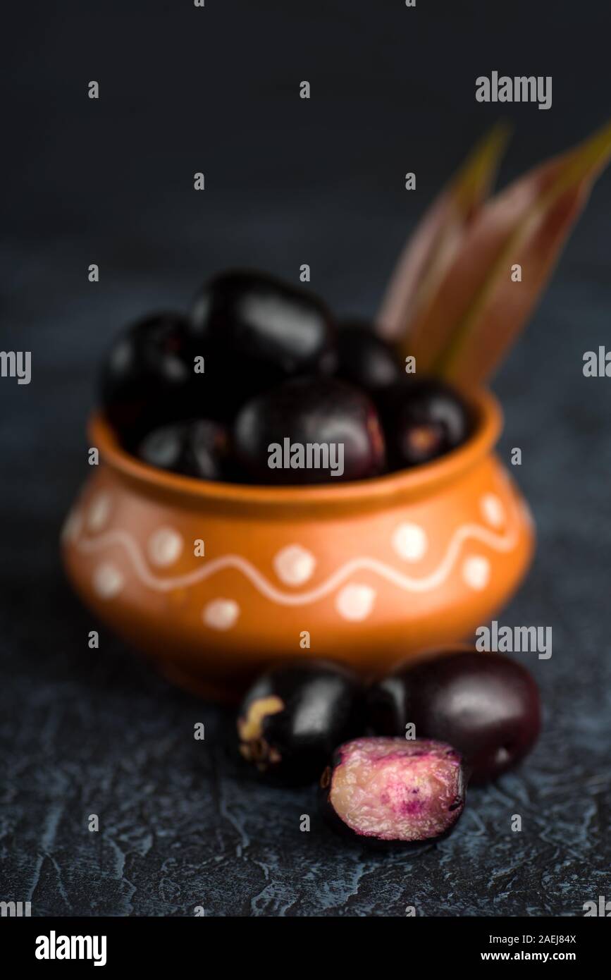 Jambolan plum or jambul or Jamun fruit, Java plum (Syzygium cumini ...
