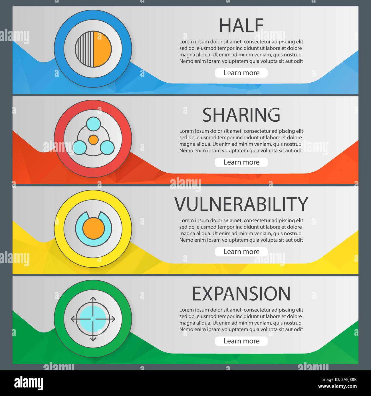 Abstract symbols banner templates set. Half, sharing, vulnerability ...