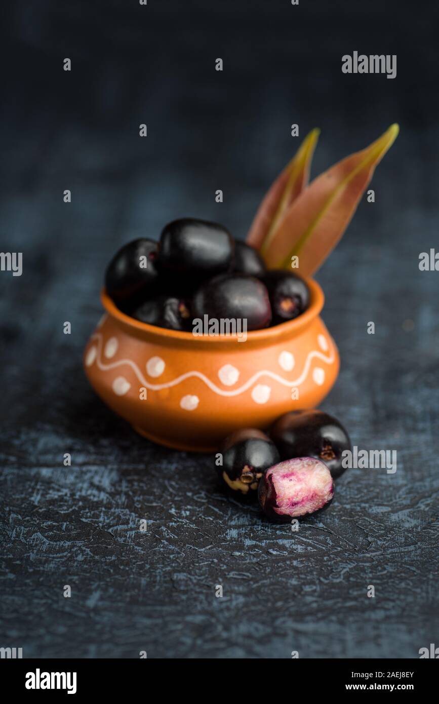 Jambolan plum or jambul or Jamun fruit, Java plum (Syzygium cumini ...