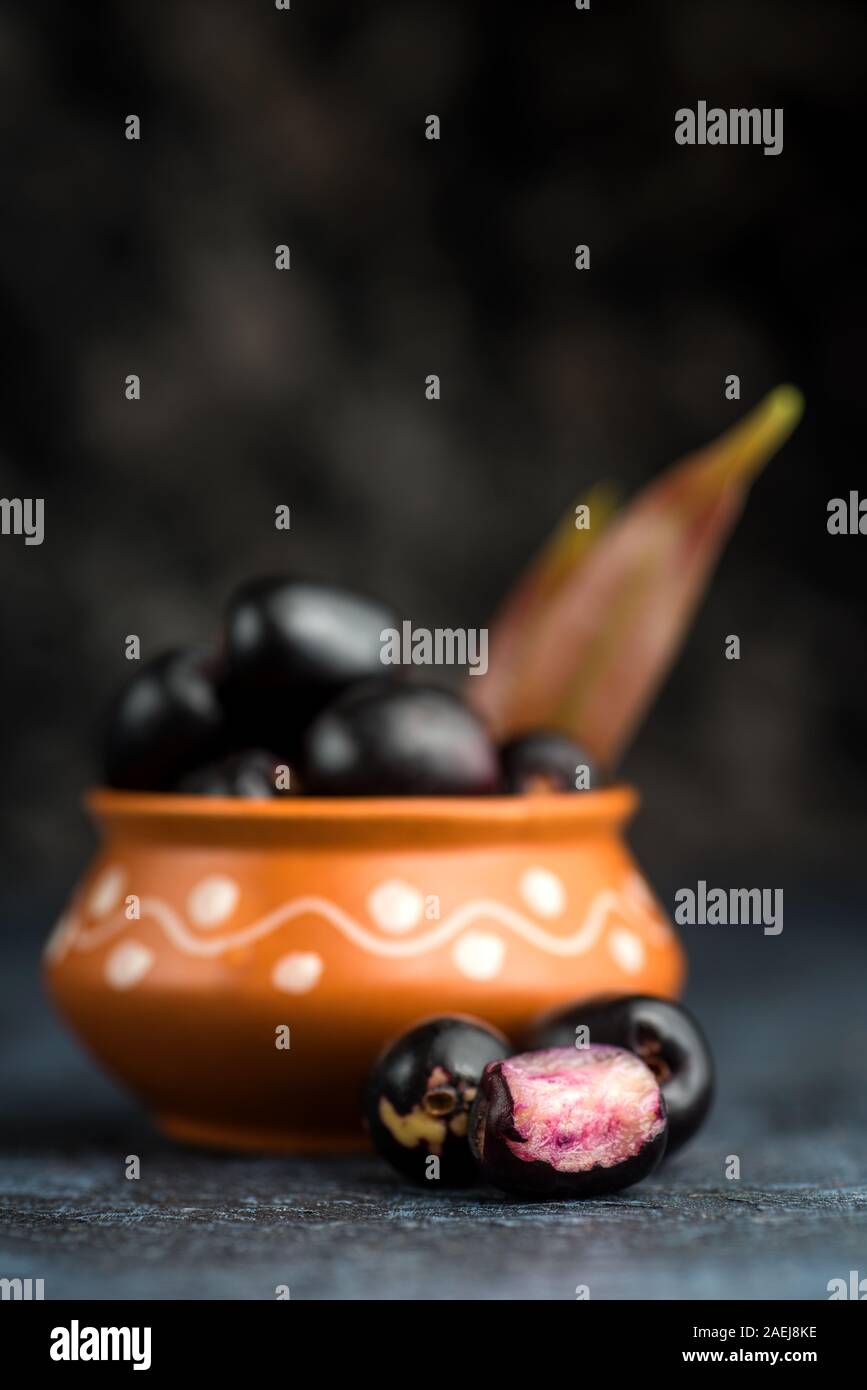 Jambolan plum or jambul or Jamun fruit, Java plum (Syzygium cumini ...