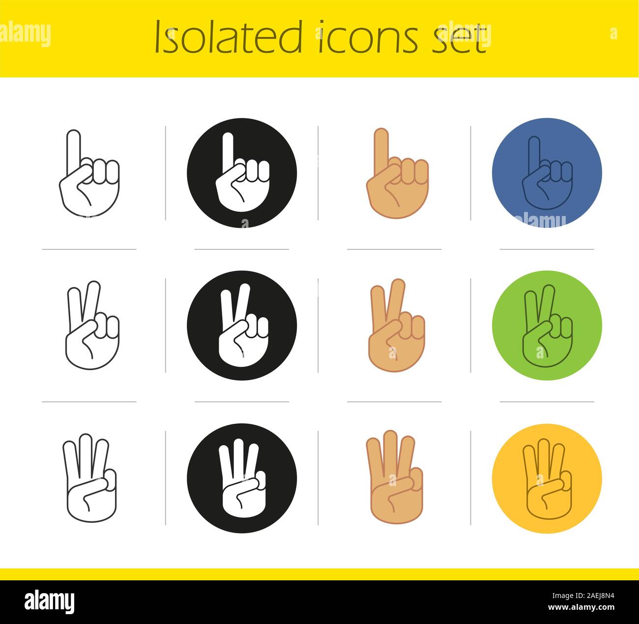 Hand gestures icons set. Linear, black and color styles. One, two ...
