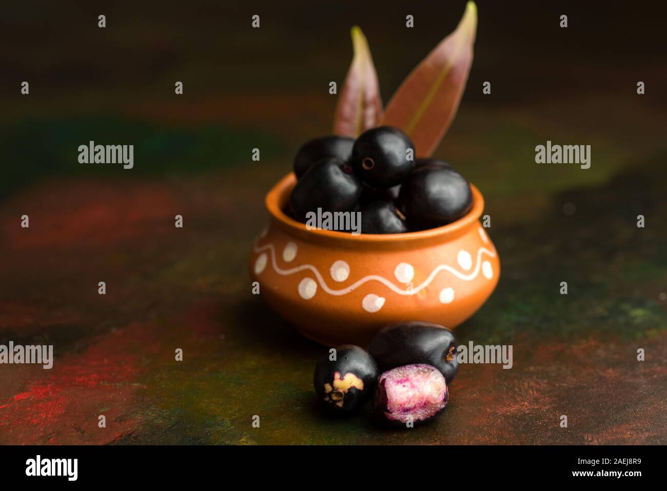 Jambolan plum or jambul or Jamun fruit, Java plum (Syzygium cumini) on ...