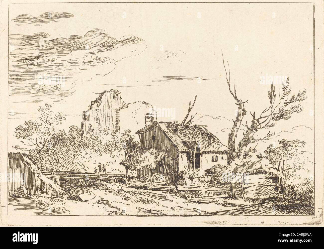A landscape painting by Louis Gabriel Moreau depicting a hovel near a ...