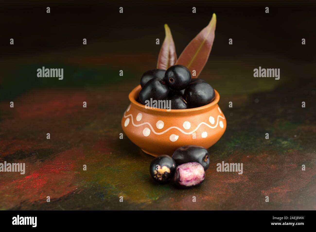 Jambolan plum or jambul or Jamun fruit, Java plum (Syzygium cumini) on ...