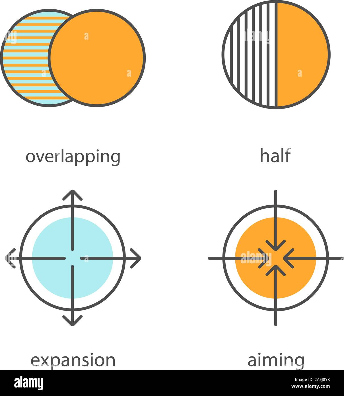 Abstract symbols color icons set. Overlapping, half, aiming, expansion ...