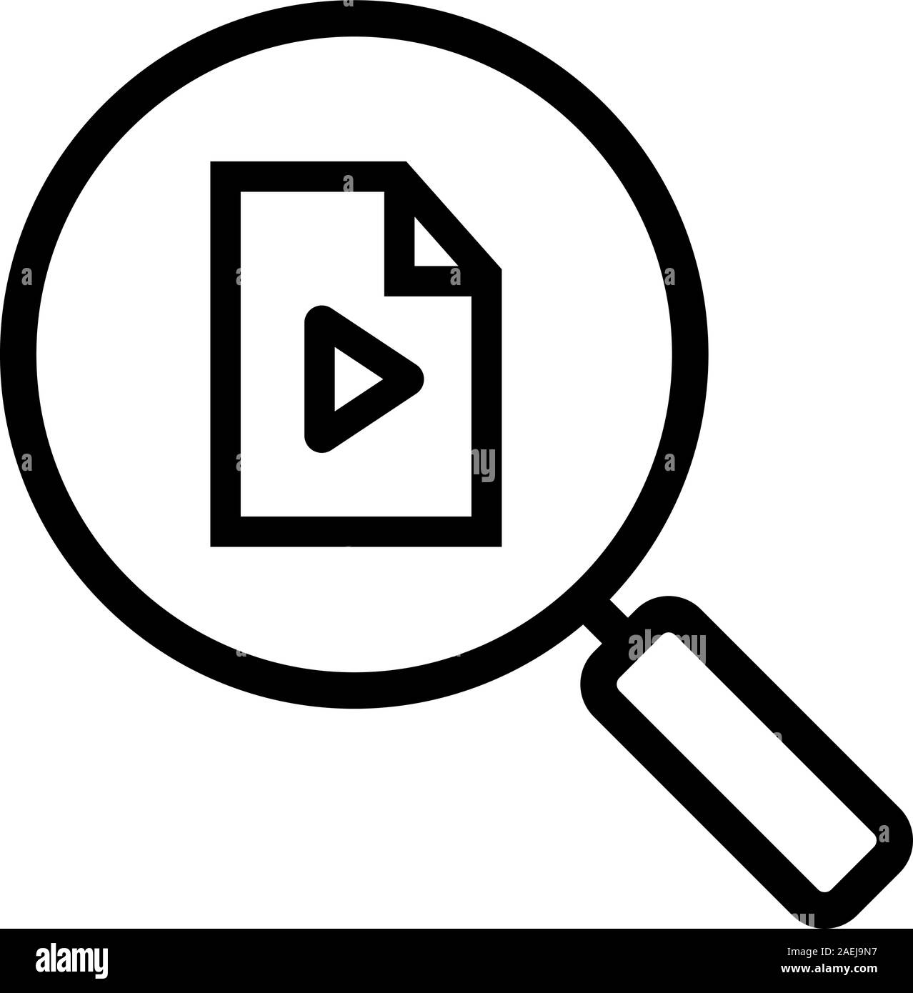 Media file search linear icon. Thin line illustration. Magnifying glass with multimedia file ...