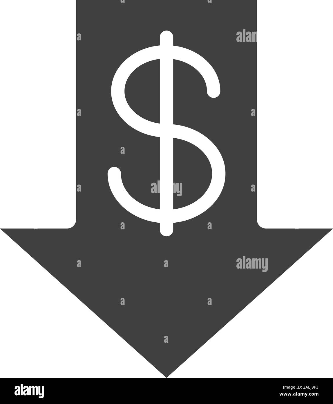Dollar rate falling glyph icon. Silhouette symbol. USA dollar with down ...
