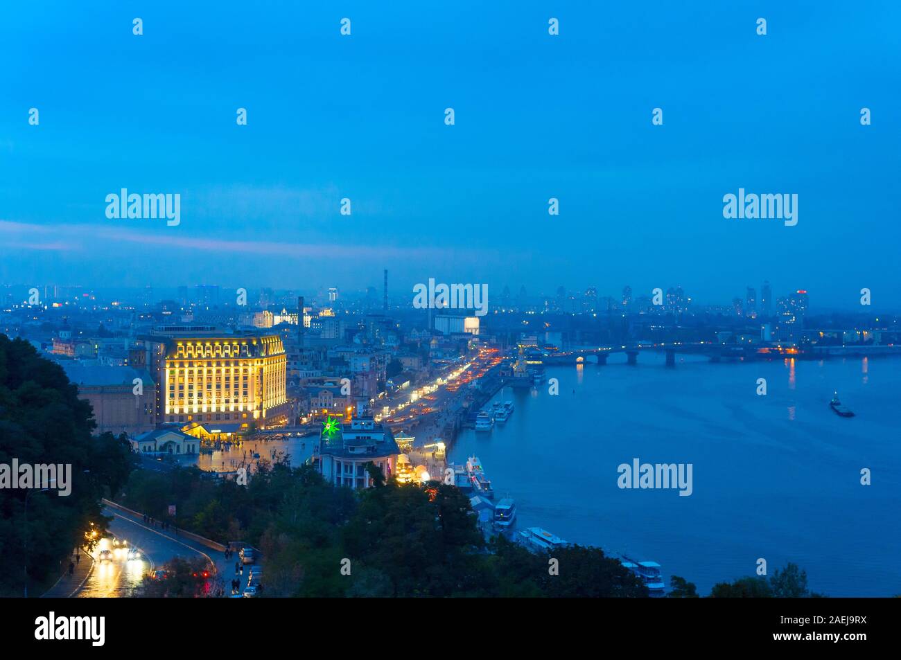Skyline of Kiev. Podol district and river Dniepr. Ukraine Stock Photo ...