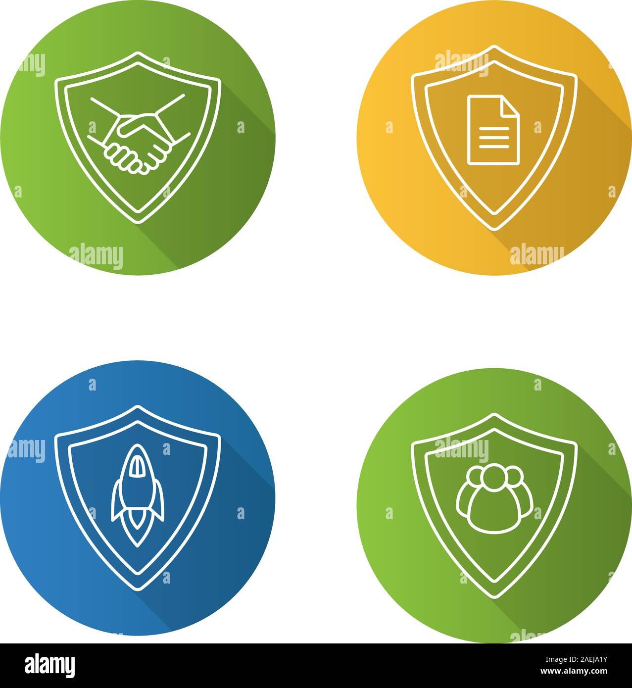 Protection shields flat linear long shadow icons set. Safe bargain ...