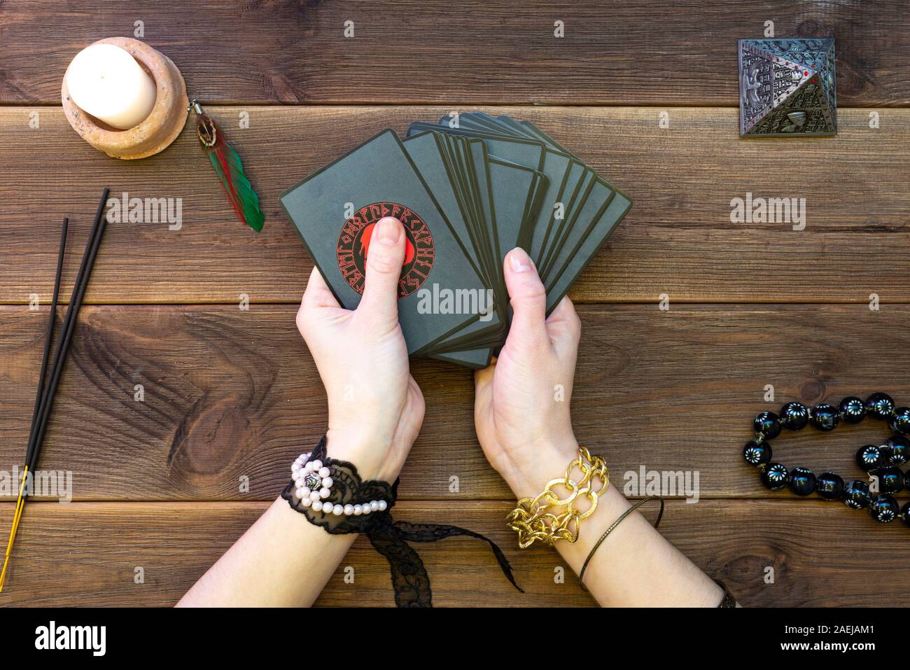 Fortune telling cards, runic cards for fortune telling on a wooden ...