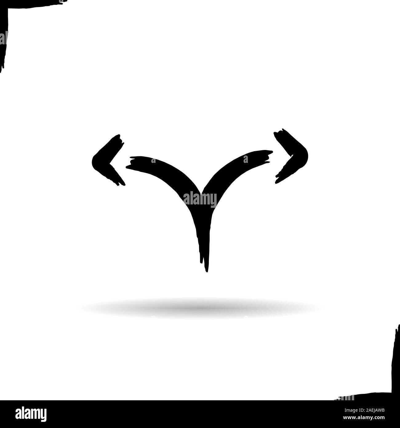 Road fork icon. Drop shadow symbol. Two arrows. Ink brush stroke ...