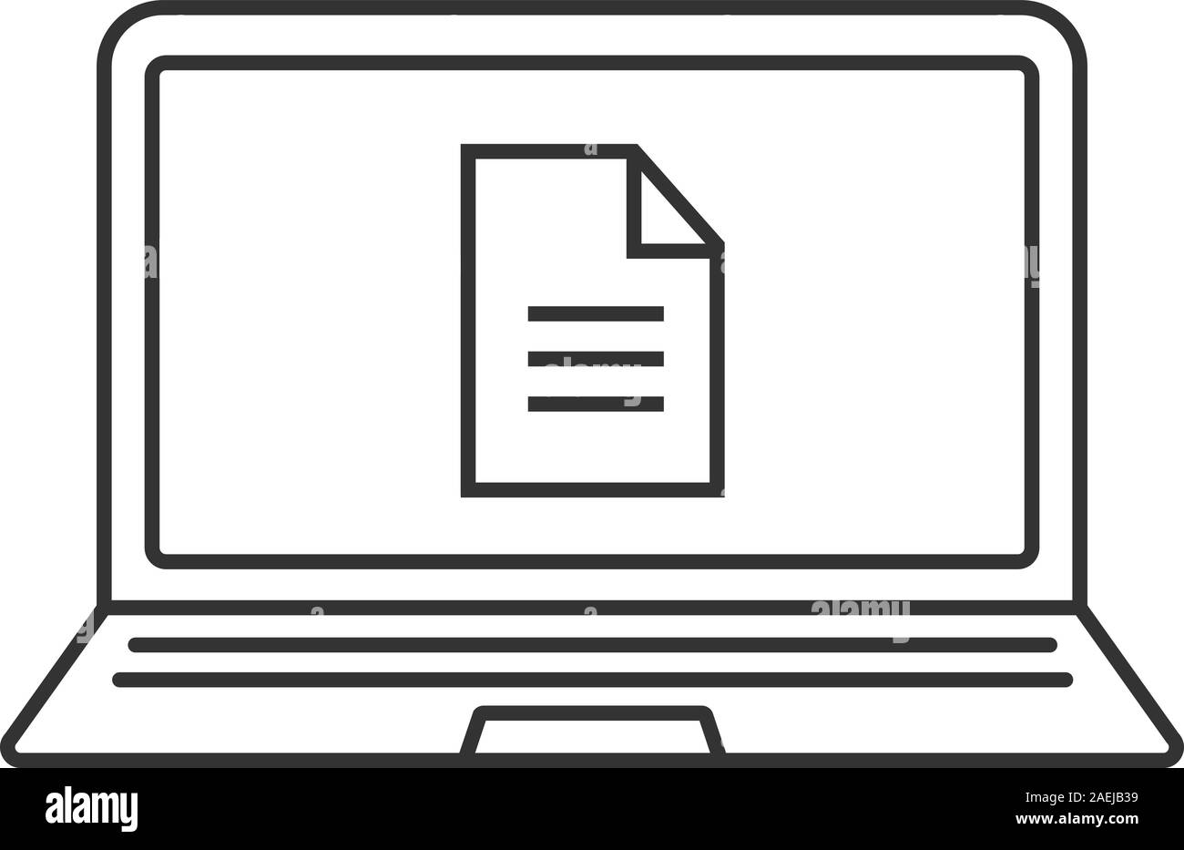 Laptop document linear icon. Thin line illustration. Notebook with text ...