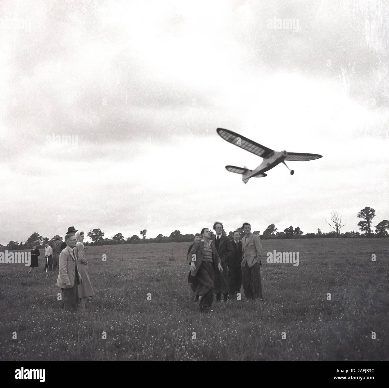 1950s, historical, members of an aero club flying model planes, England ...