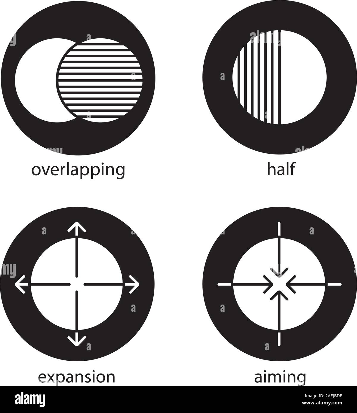 Abstract symbols glyph icons set. Overlapping, half, aiming, expansion ...