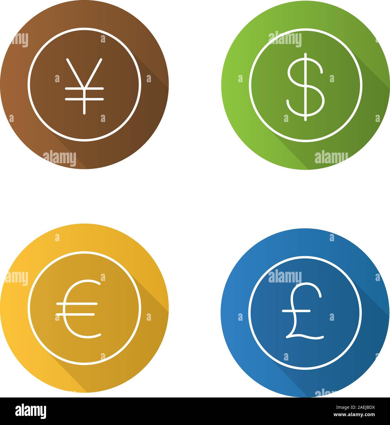 National currencies flat linear long shadow icons set. US dollar, Great ...