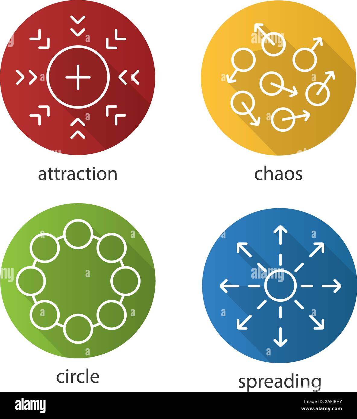 Abstract symbols flat linear long shadow icons set. Attraction, chaos ...