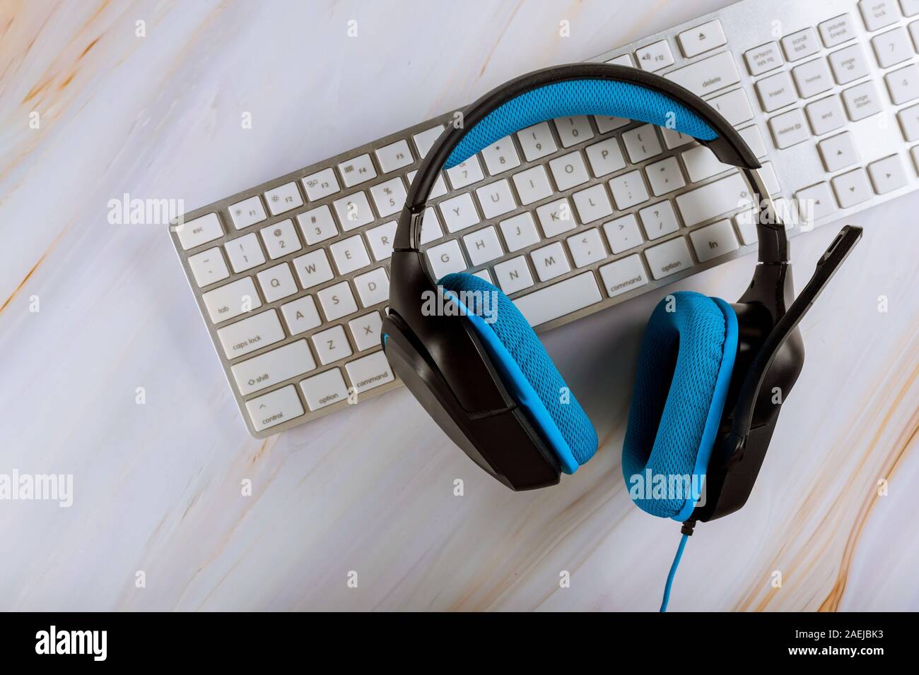 Office desk with headset and pc keyboard call center support table with ...