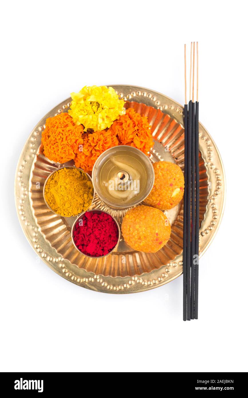 Traditional pooja brass thali Cut Out Stock Images & Pictures - Alamy