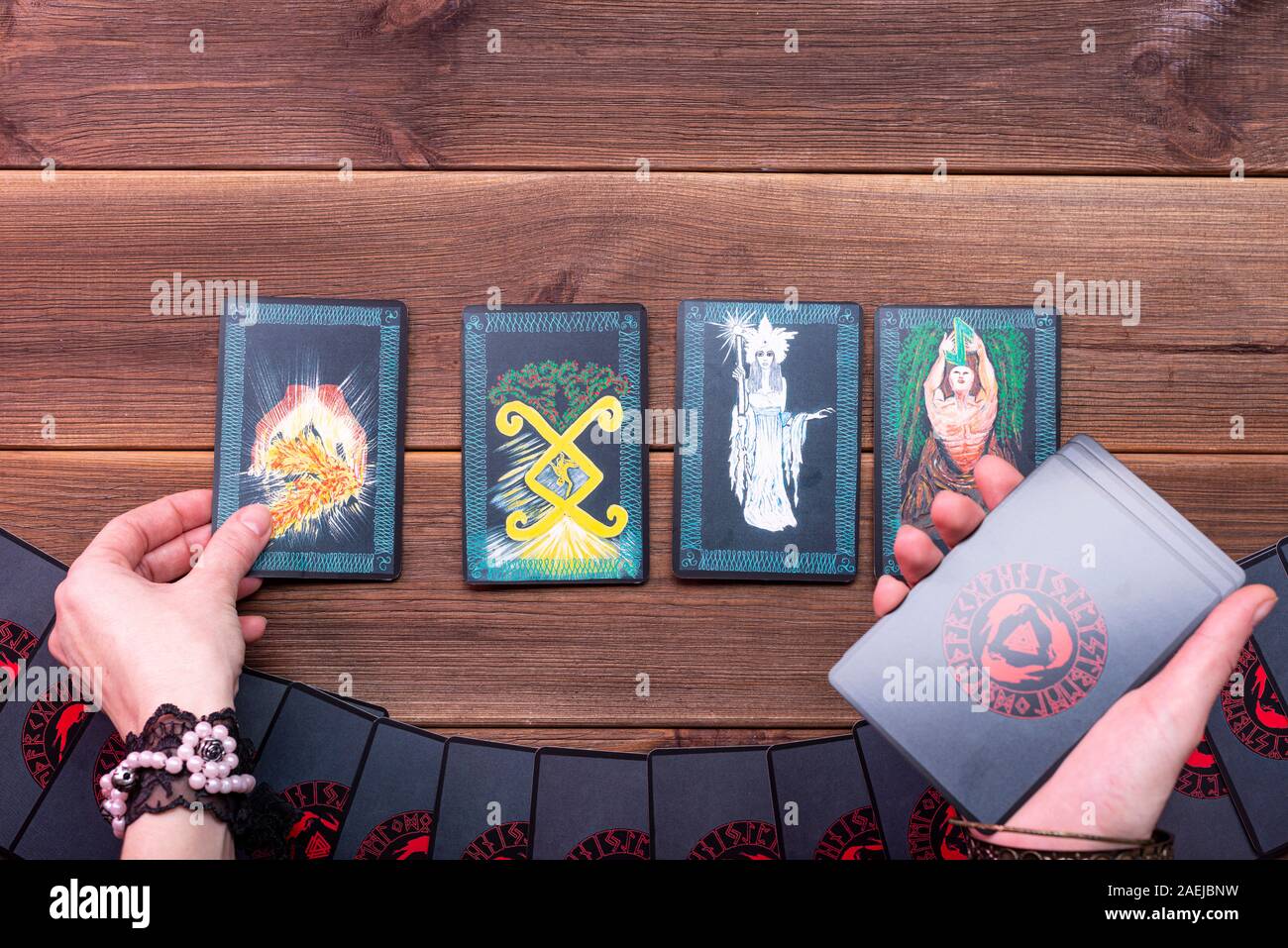 Fortune telling cards, runic cards for fortune telling on a wooden ...