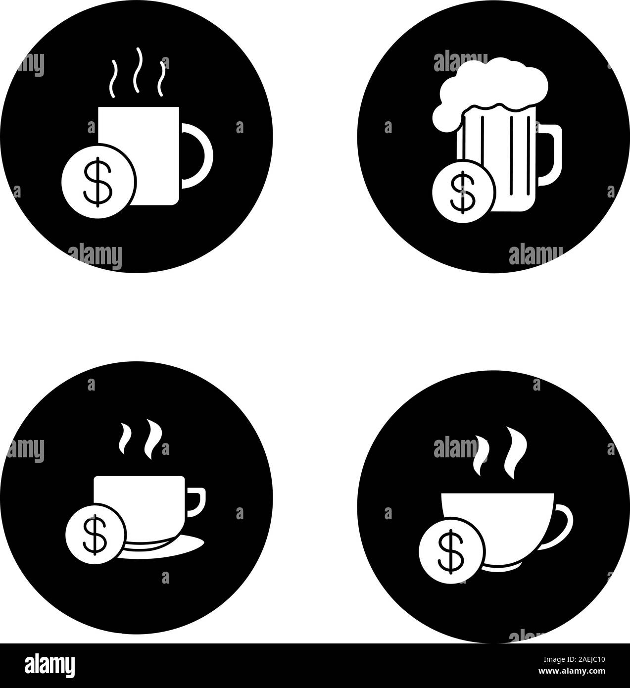 Buy drinks glyph icons set. Beer glass, hot steaming mugs price with ...