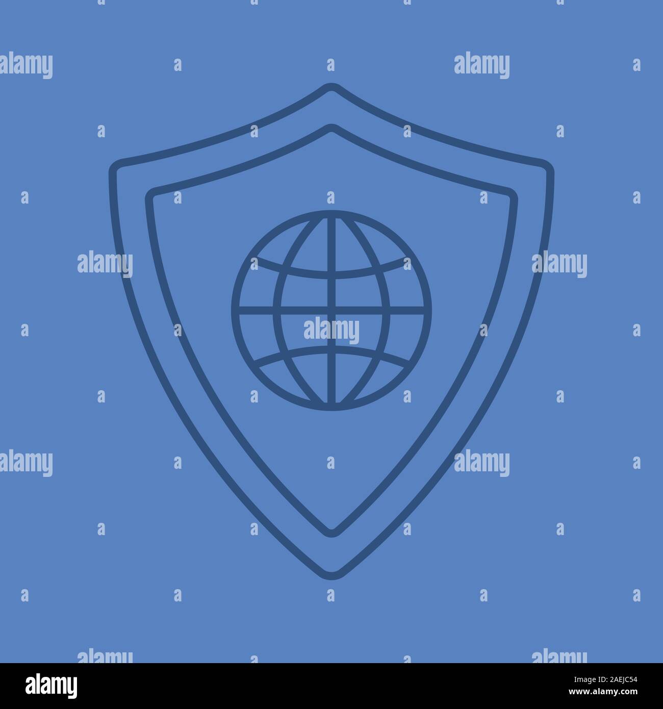 Network security color linear icon. Protection shield with globe model ...
