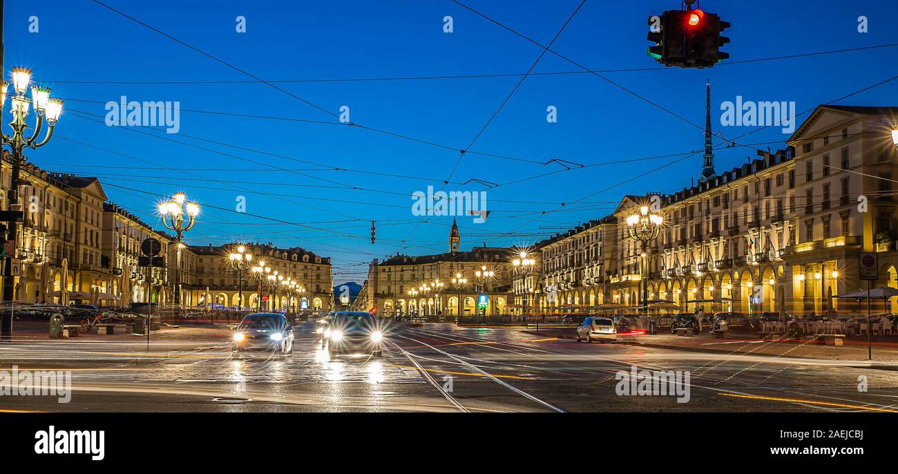 Turin by night. The first capital of the Kingdom of Italy shows its ...