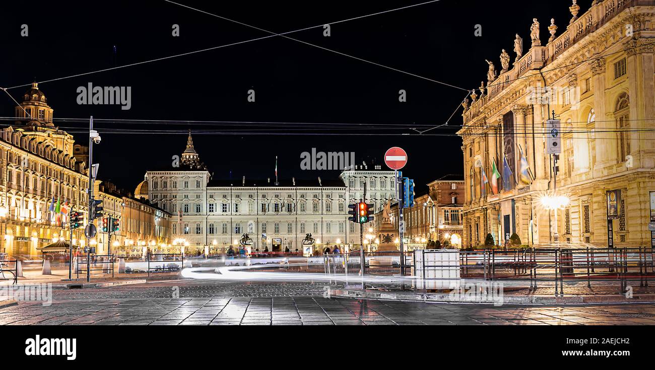 Turin by night. The first capital of the Kingdom of Italy shows its ...