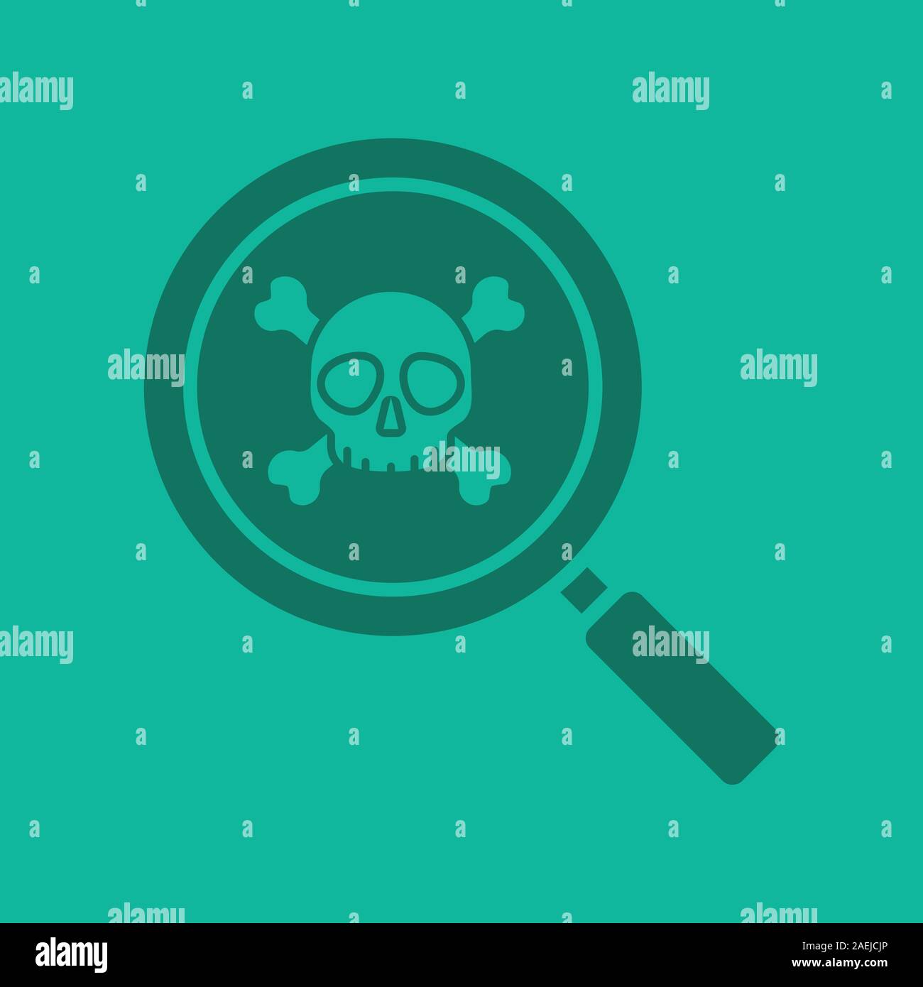 Magnifying glass with skull and crossbones glyph color icon. Virus ...