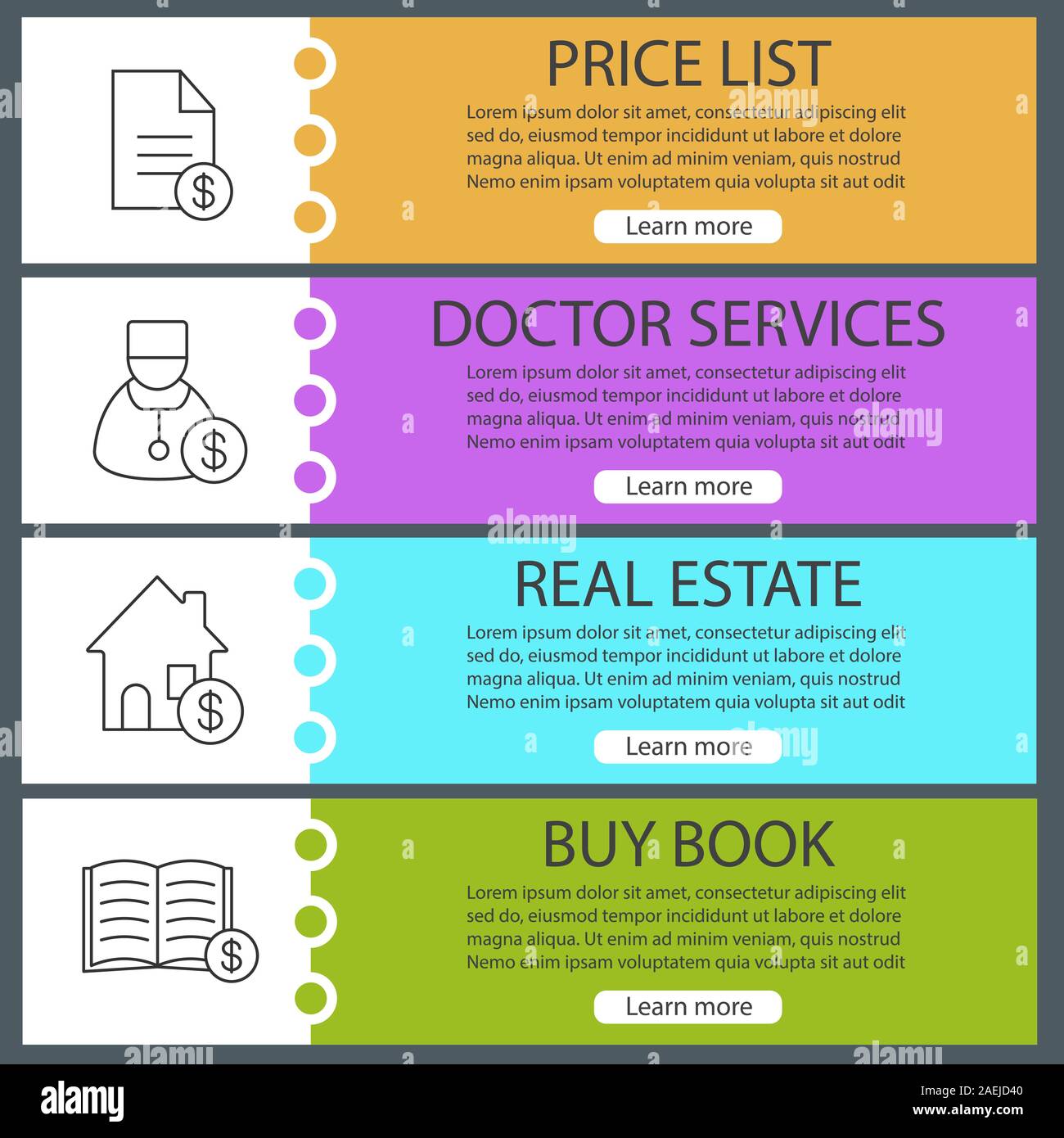 Services web banner templates set. Price list, buy book and real estate ...