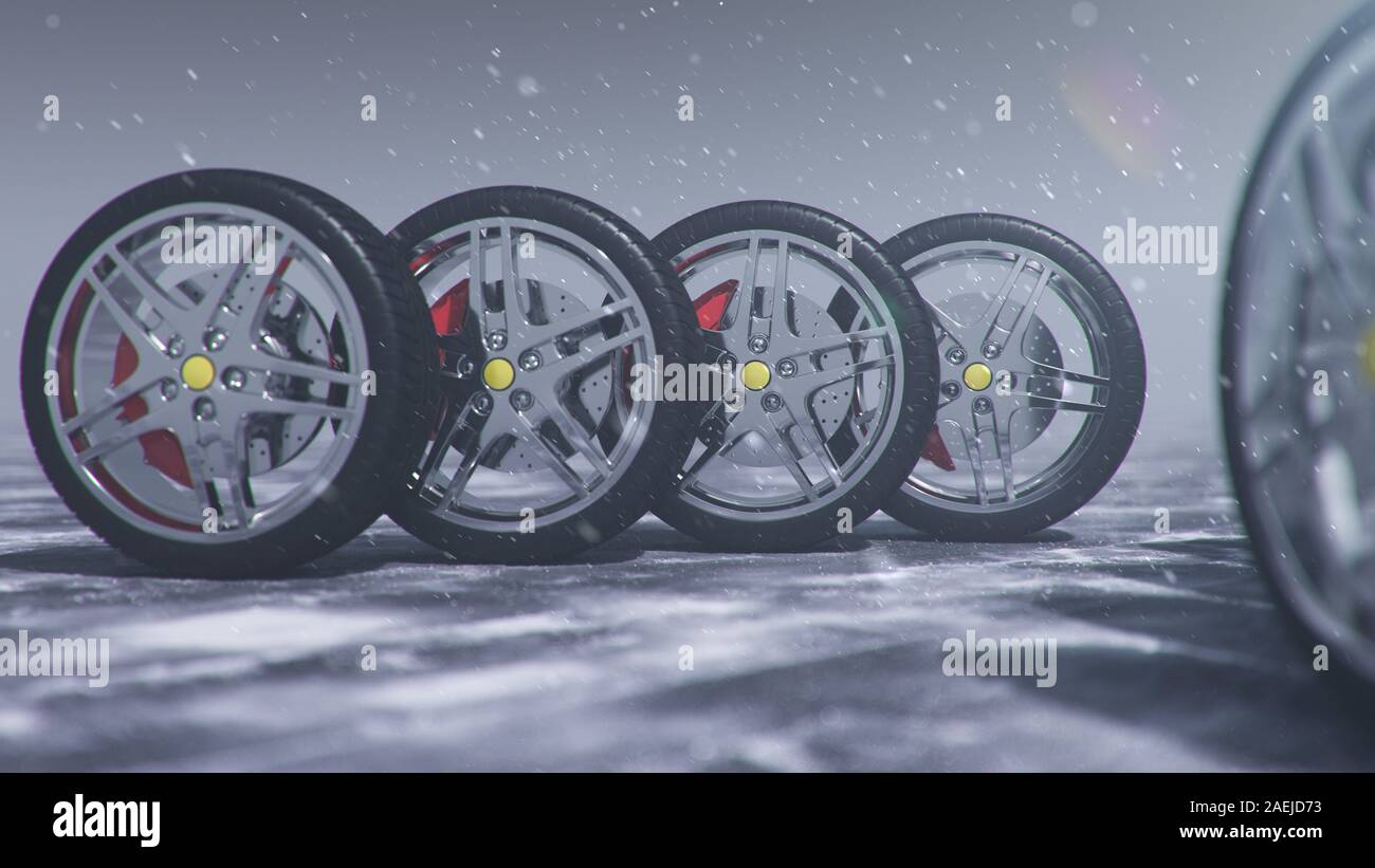 3d illustration Winter tires on a with falling snow background of snow ...