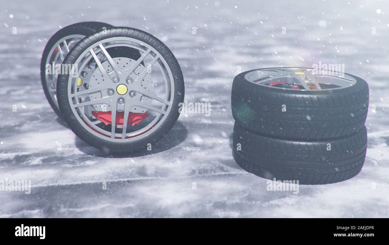 3d illustration Winter tires on a with falling snow background of snow ...