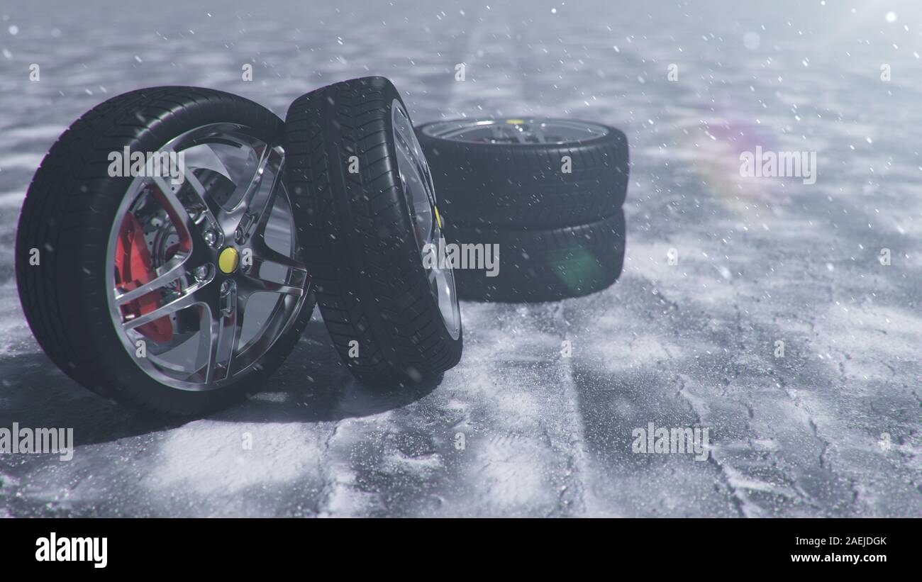 3d illustration Winter tires on a with falling snow background of snow ...