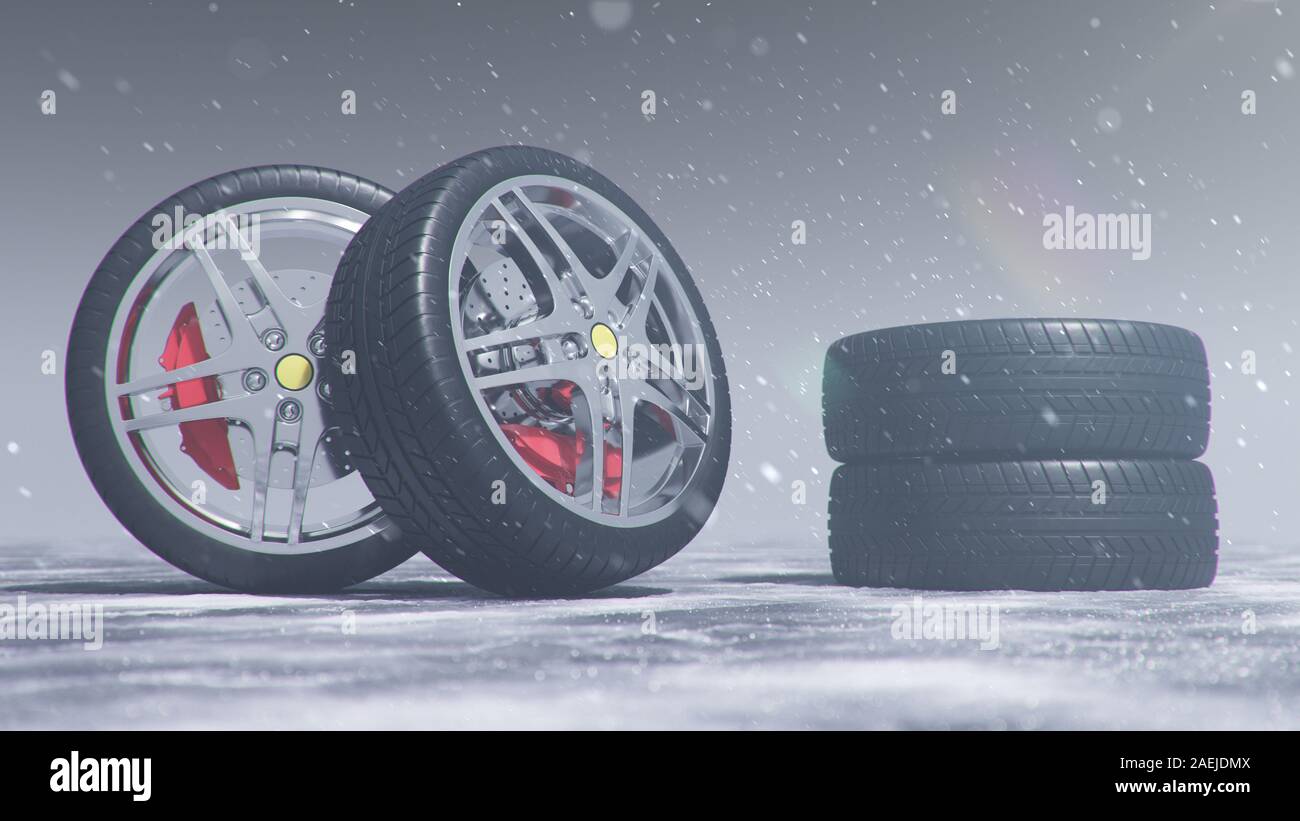 3d illustration Winter tires on a with falling snow background of snow ...