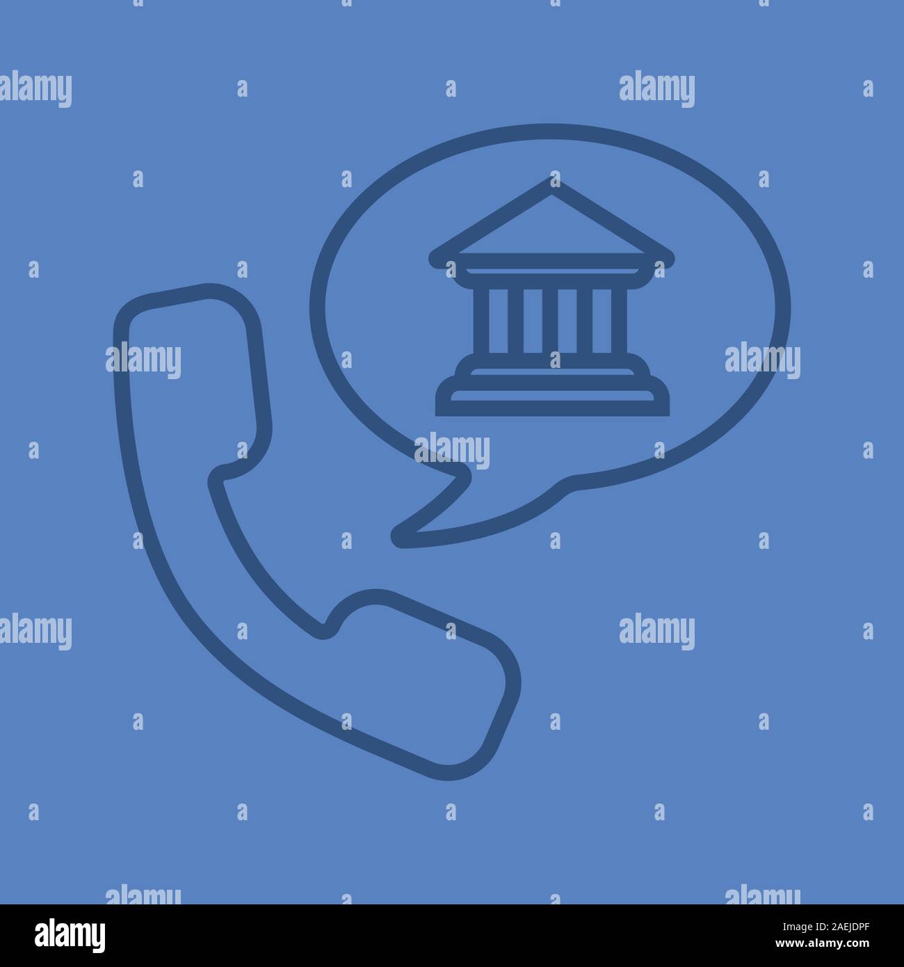 Bank phone call color linear icon. Handset with bank building inside ...