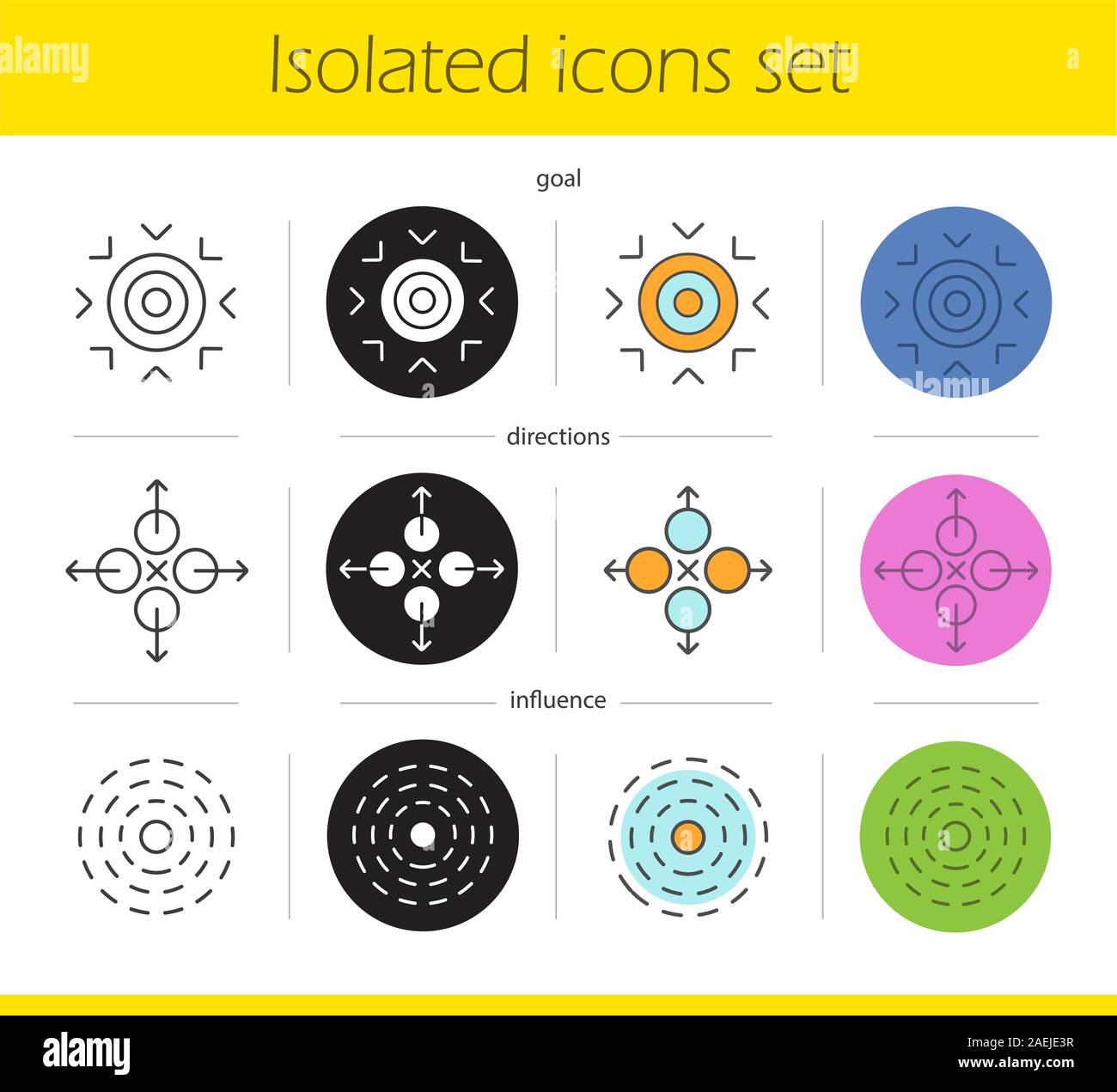 Abstract symbols icons set. Linear, black and color styles. Goal ...